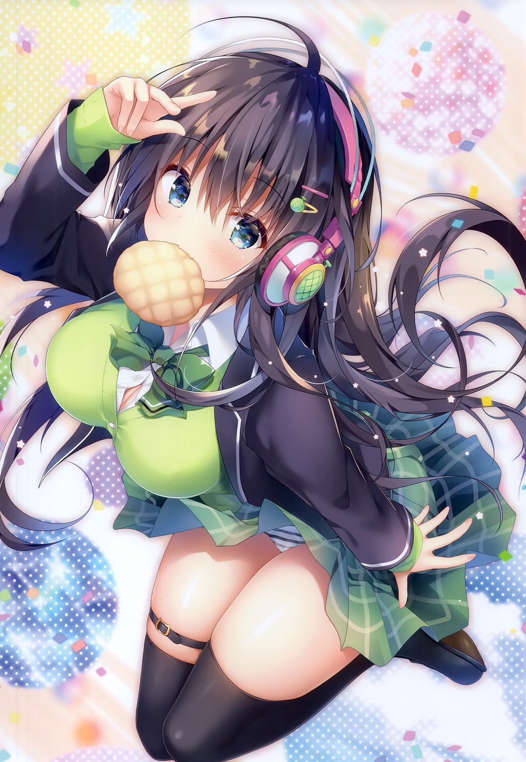 kino melonbooks black melon-chan cleavage garter headphones pantsu seifuku shimapan skirt lift ...
